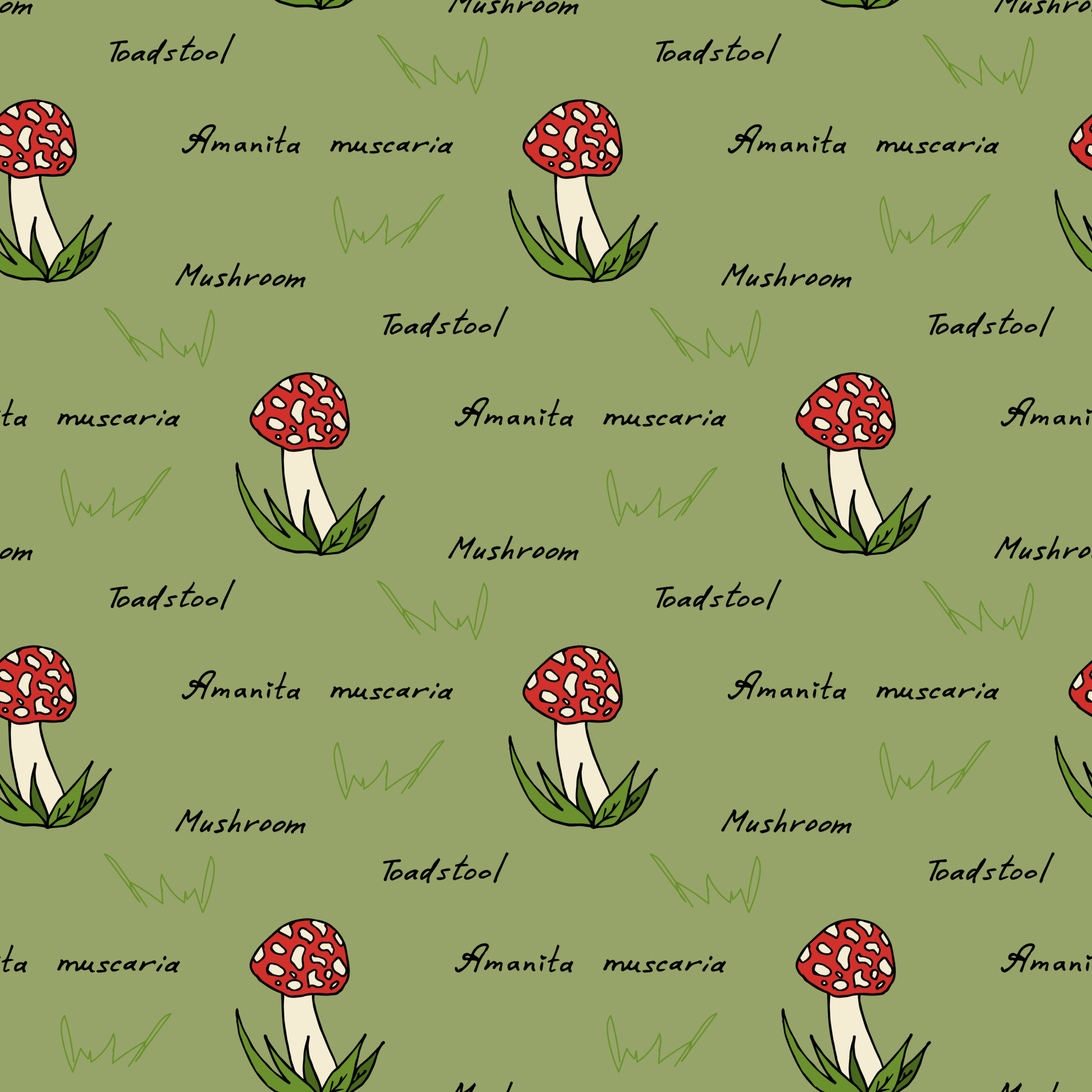 Seamless Pattern With Handdrawn Amanita Muscaria And Text On Green