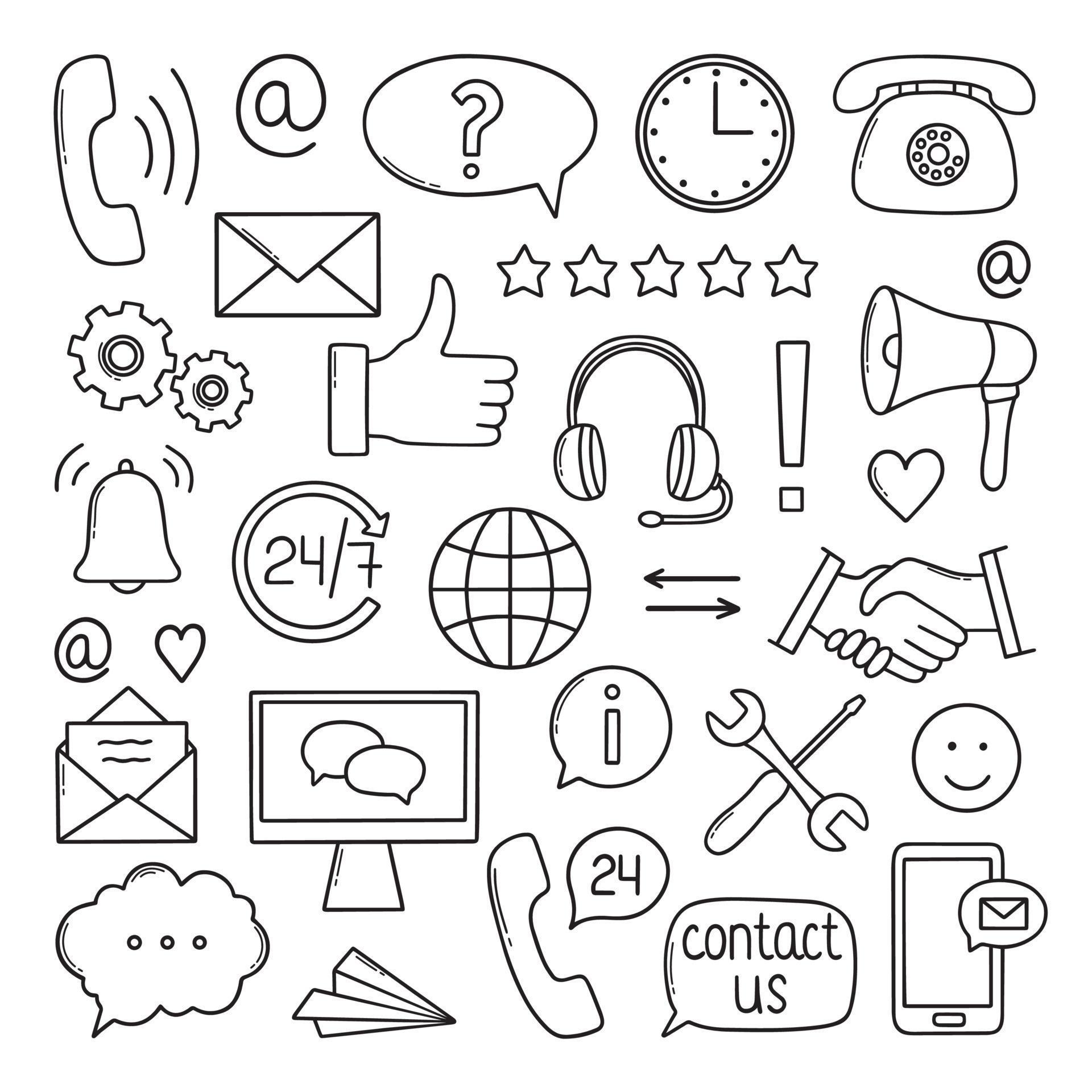 Hand drawn set of customer service doodle icons. Client support, call ... Hand drawn set of customer service doodle icons. Client support, call ...