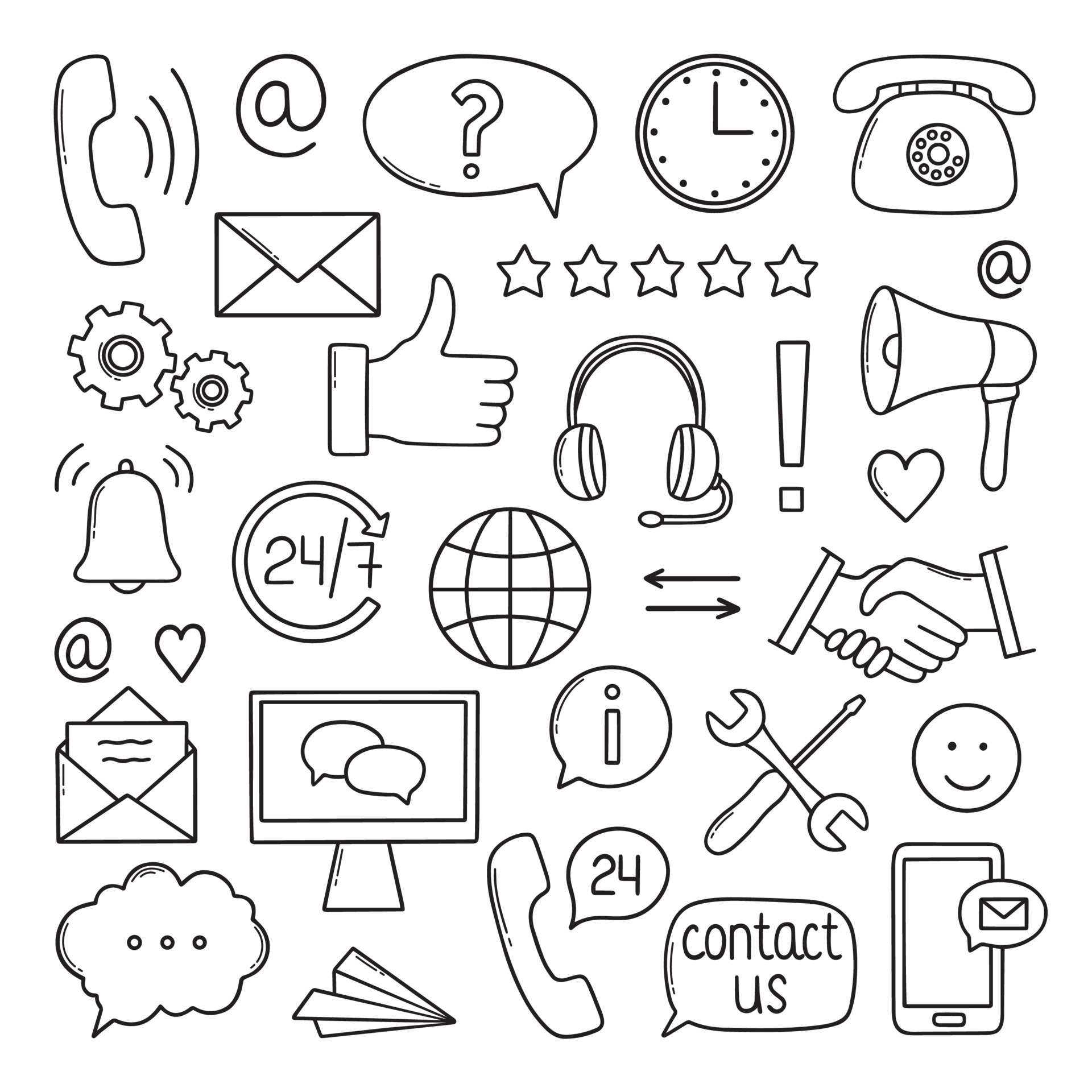 Hand drawn set of customer service doodle icons. Client support, call ... Hand drawn set of customer service doodle icons. Client support, call ...