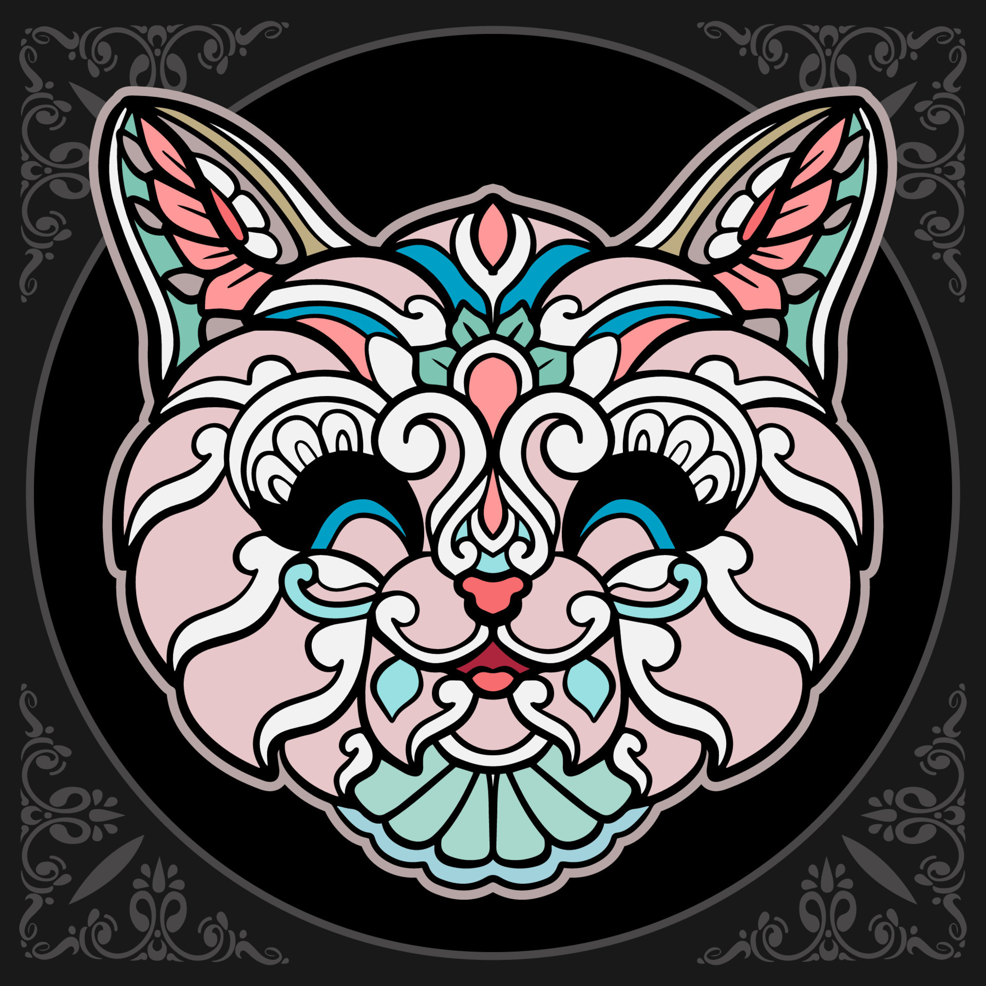 Cabeza De Gato Colorida Artes Mandala Aislado Sobre Fondo Negro