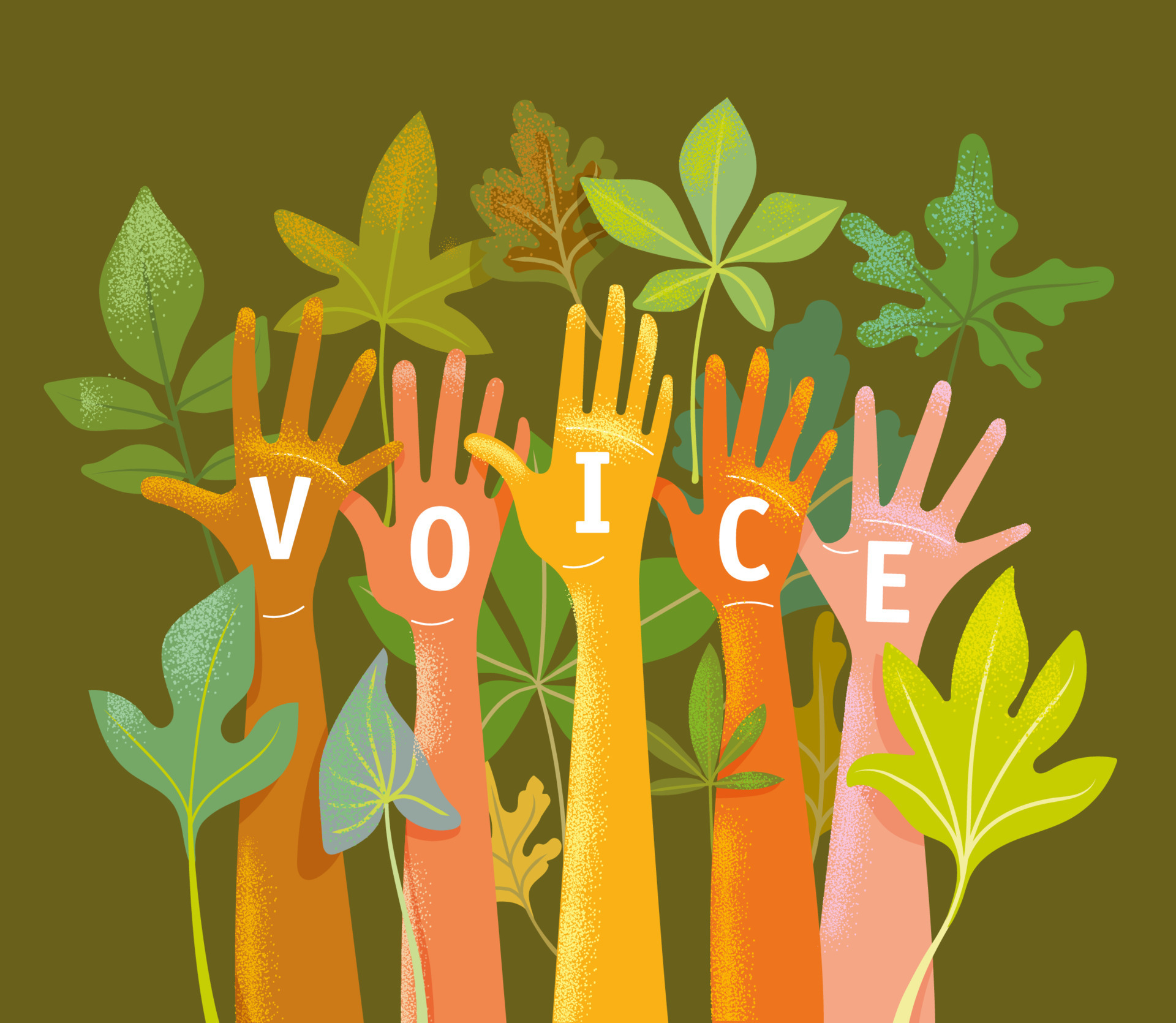 manos multicolores con la voz de la inscripción se levantan rodeadas de una variedad de hojas ...