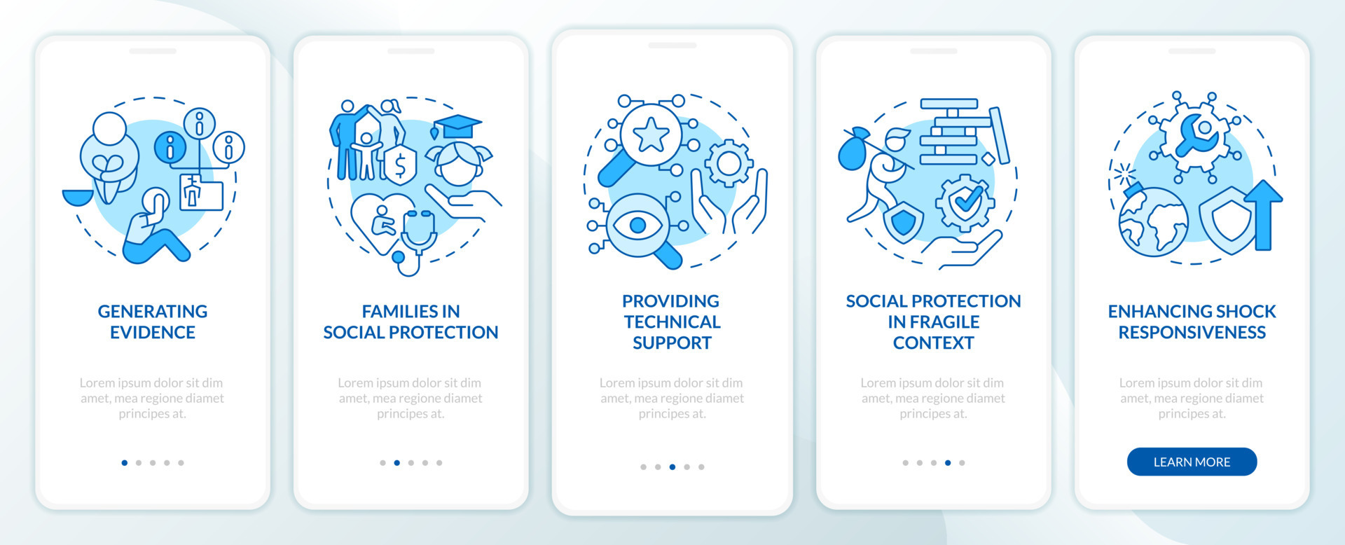 Social Protection Activities Blue Onboarding Mobile App Screen Walkthrough 5 Steps Graphic