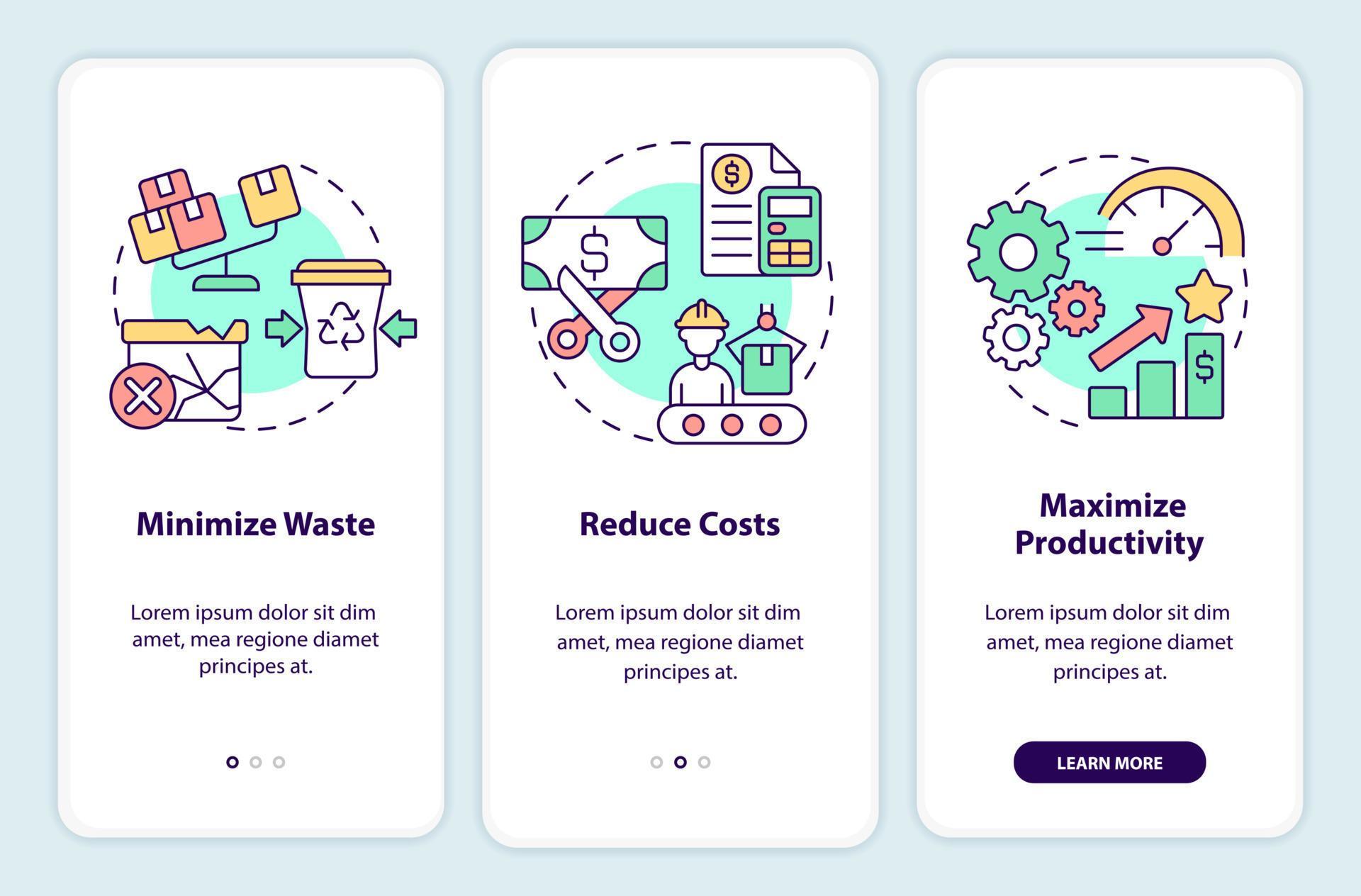 Purposes Of Lean Manufacturing Onboarding Mobile App Screen Walkthrough 3 Steps Graphic