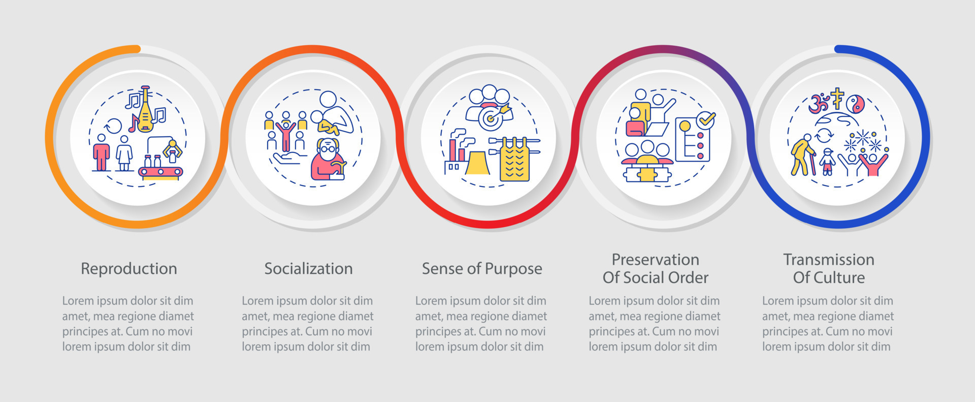 Social institutions functions loop infographic template. Data ...