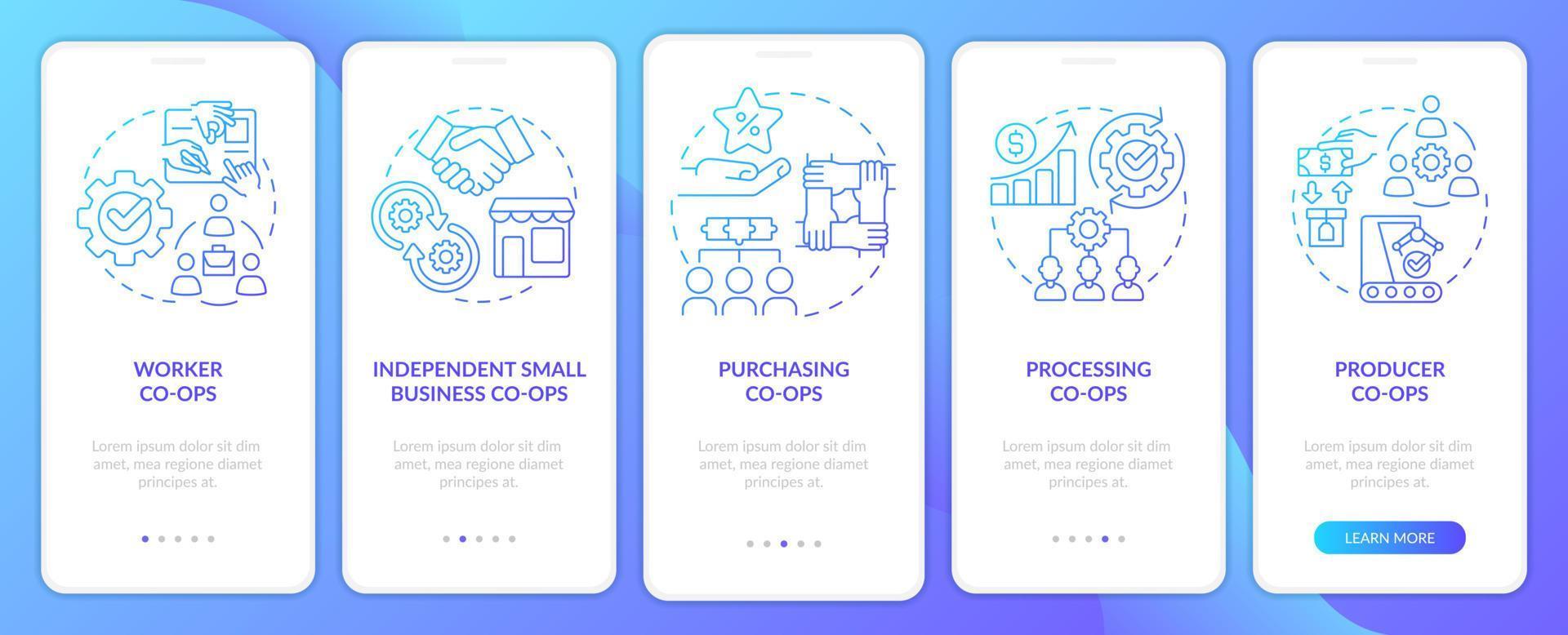 Types Of Co Ops Blue Gradient Onboarding Mobile App Screen Business Walkthrough 5 Steps Graphic