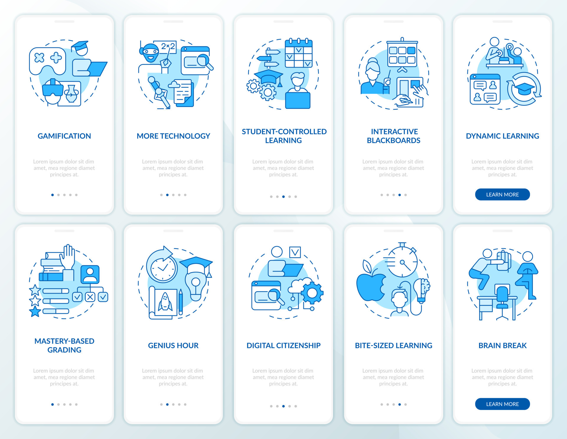 Education trends blue onboarding mobile app screen set. Development ...
