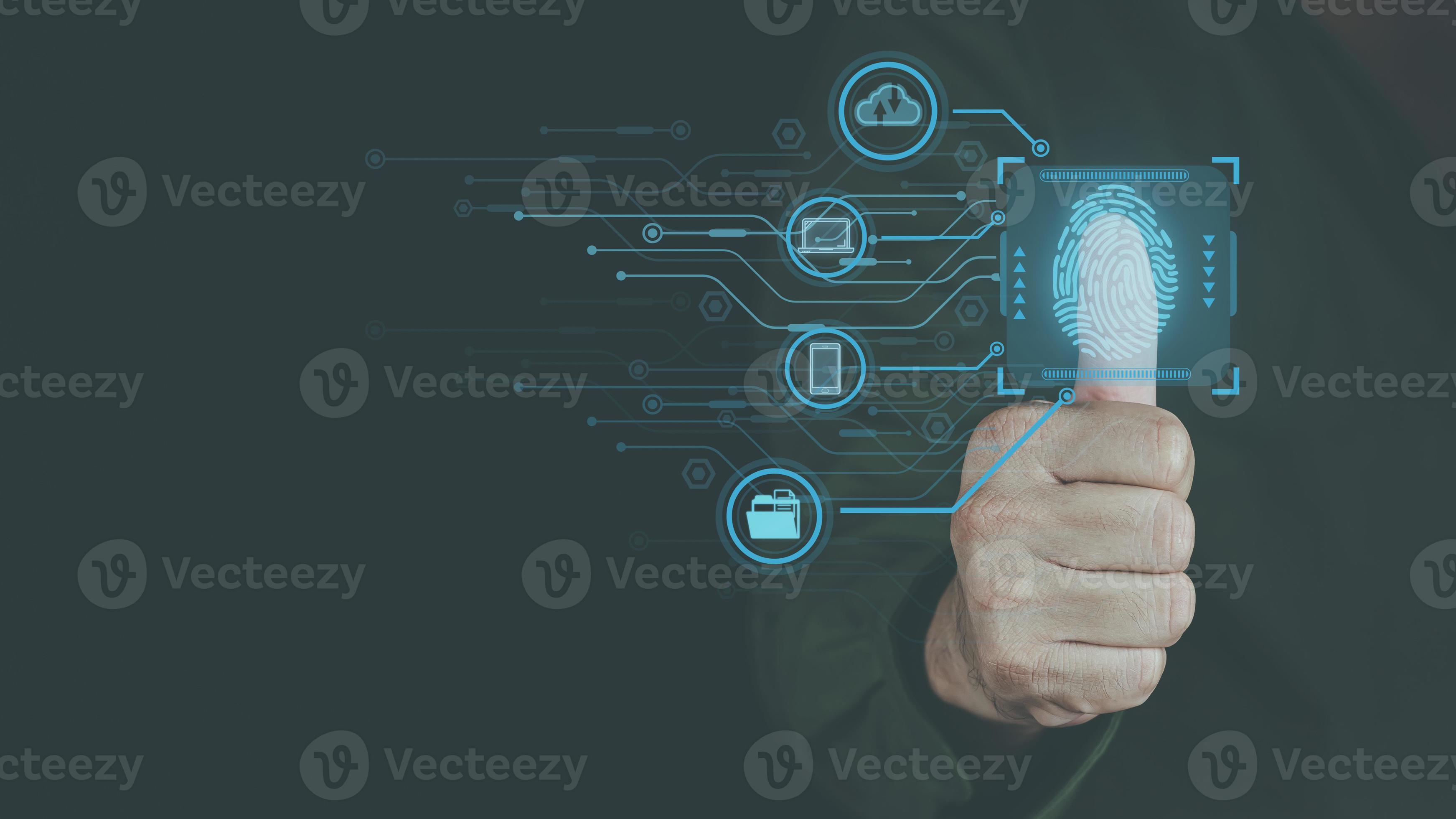 cyber security concept, man's hand scanning finger to go online to ...