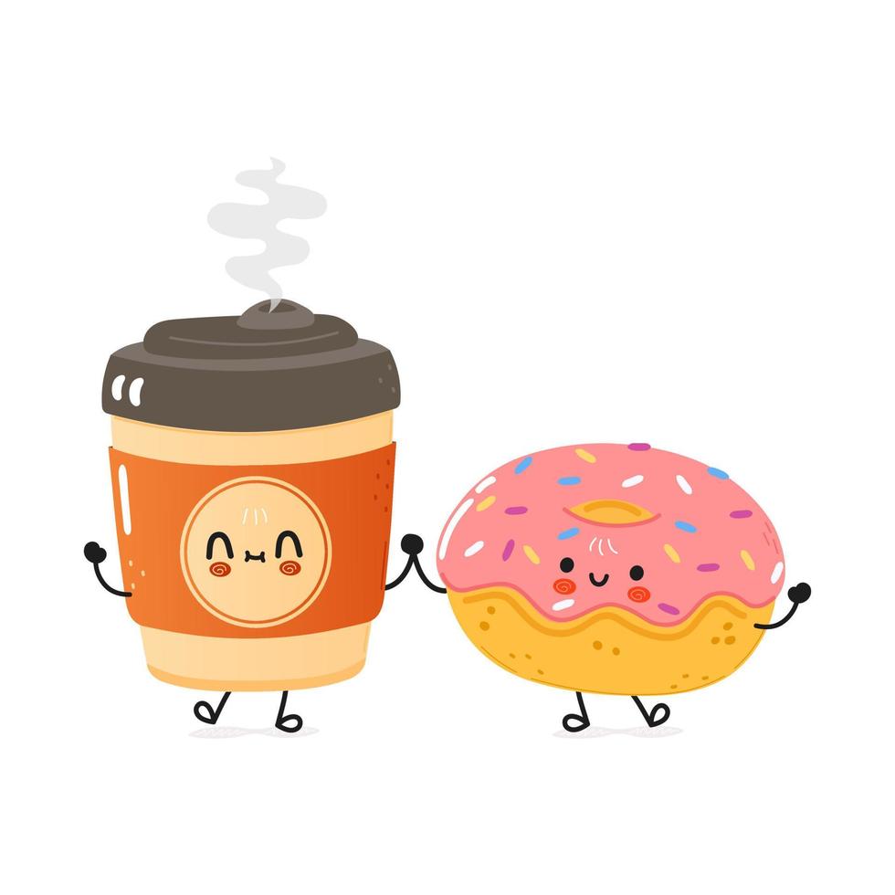 Cute Happy Coffee And Pink Donut Card Vector Hand Drawn Doodle Style