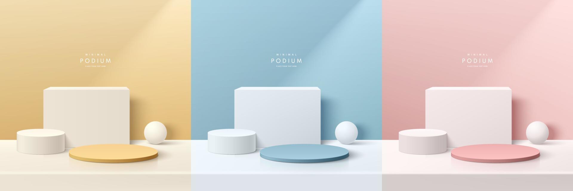 Set Of Realistic 3d Cylinder Pedestal Podium In Yellow Blue Pink White Background With Window