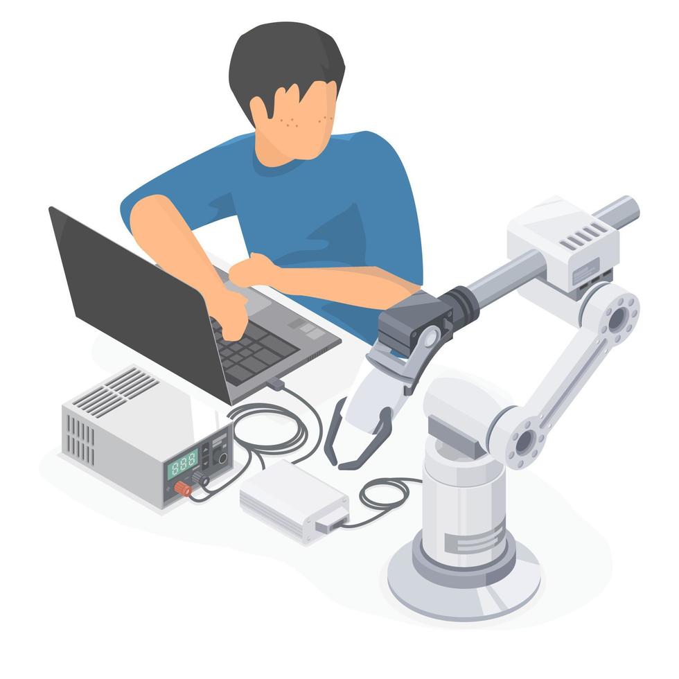Robot Arm Programing Programer Leaning Isometric Arduino Plc Microcontroller 12617745 Vector Art