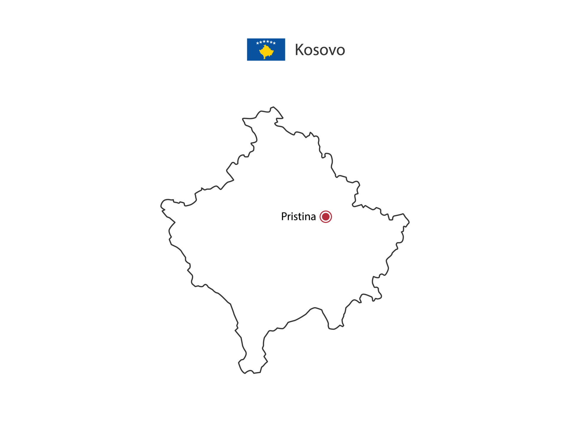 Hand Draw Thin Black Line Vector Of Kosovo Map With Capital City Pristina On White Background