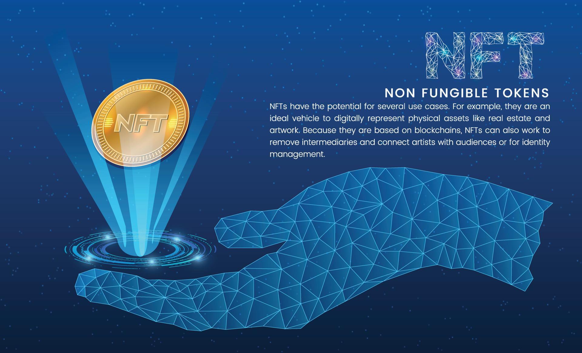 Non-fungible token with futuristic hud, golden NFT coin and polygon hand wallpaper concept ...