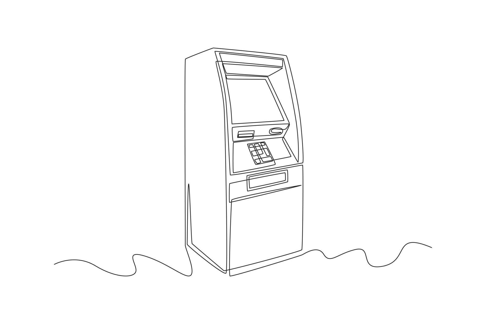 Continuous one line drawing ATM for transactions and saving money. Automated Teller Machine. ATM ...