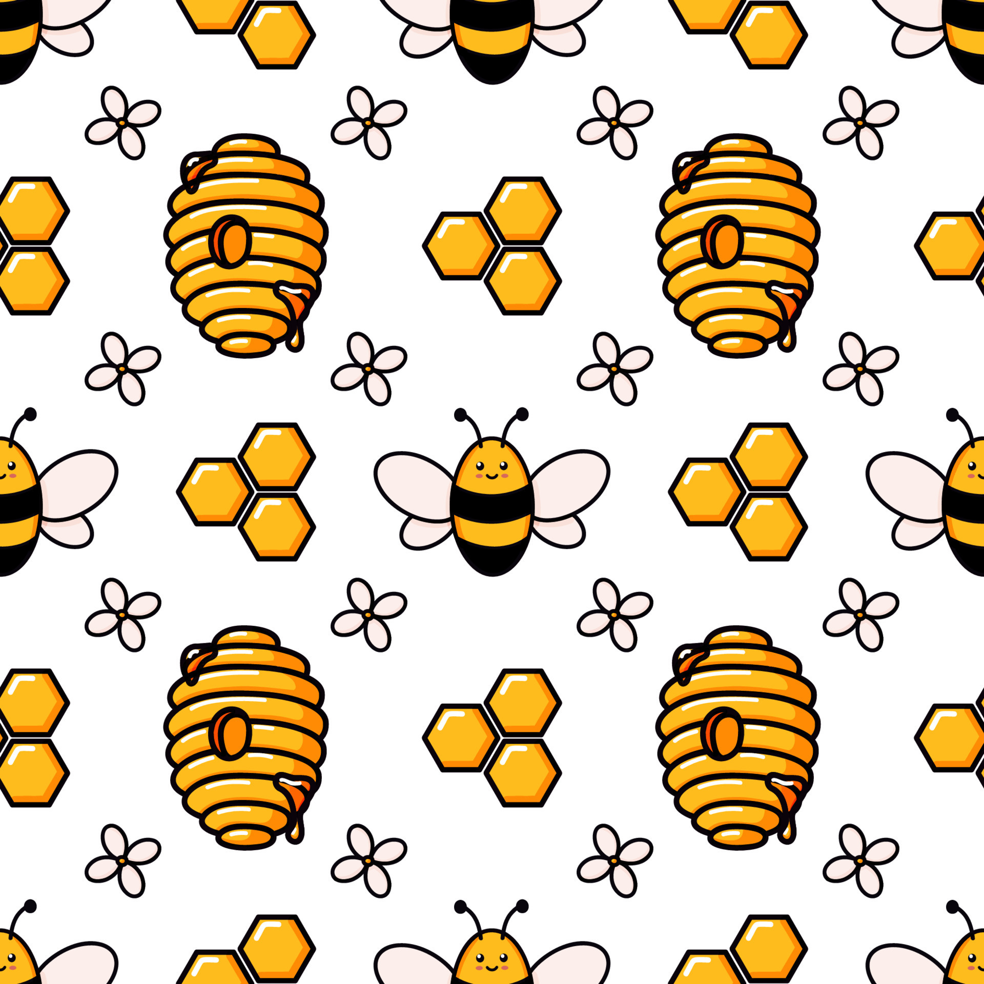 Cute honey bee seamless pattern. Vector doodle cartoon beehive, flowers ...