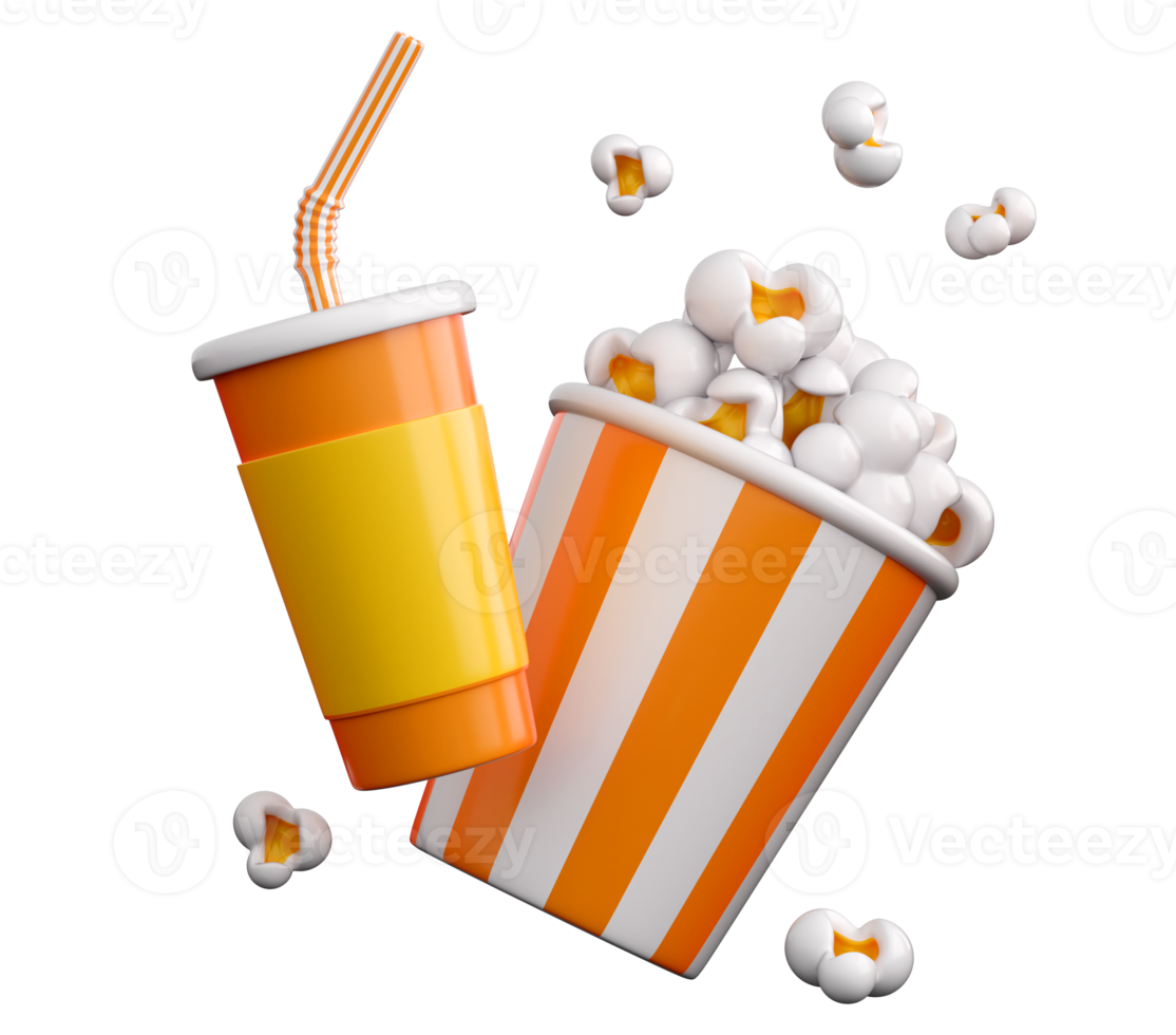 3d popcorn and paper glass drink. Cinema, movie, film, entertainment concept background in ...