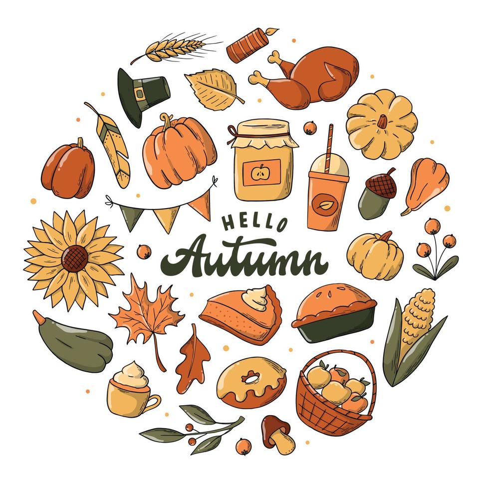Hello Autumn lettering quote decorated with seasonal doodles, clipart ...