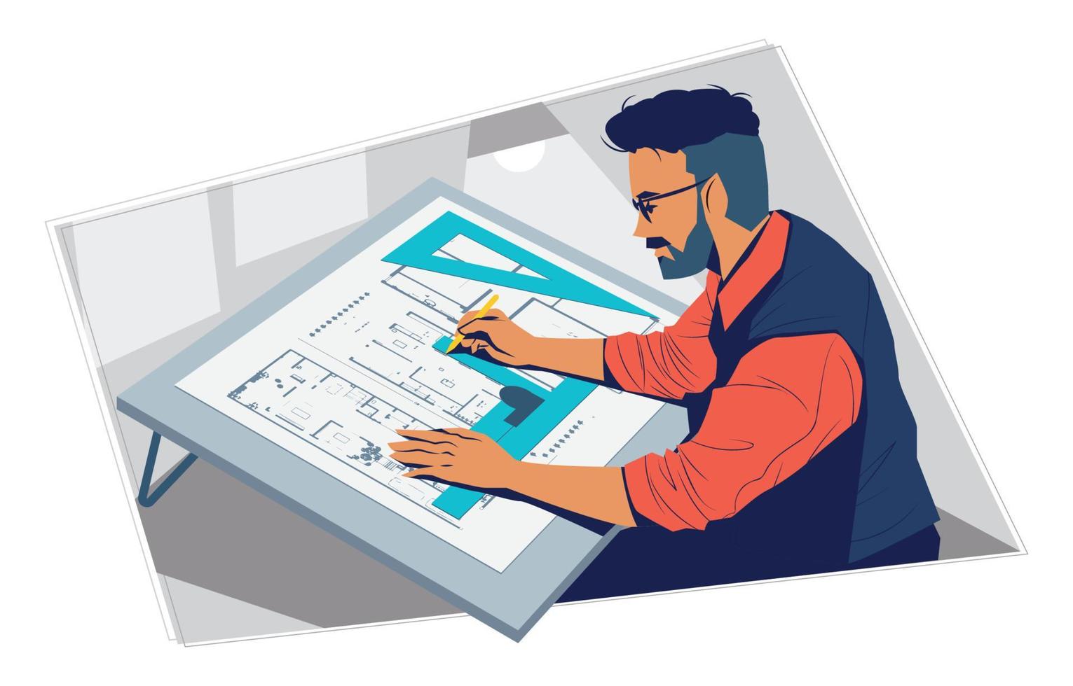 Architect Working On Drawing Table Concept 12653318 Vector Art At Vecteezy