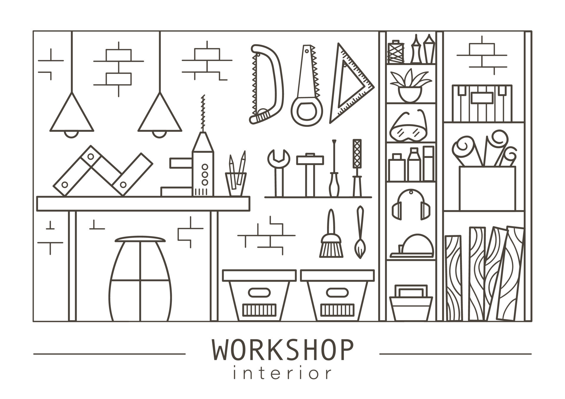 Vector linear art workshop interior. Black and white line drawing of ...