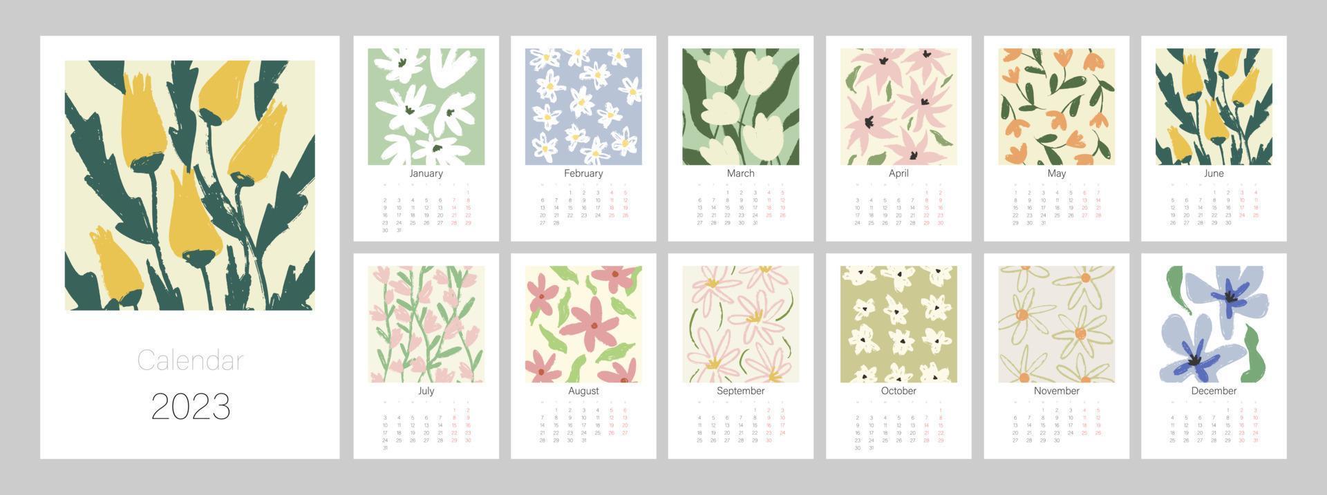 Floral calendar template for 2023. Vertical design with bright colorful ...