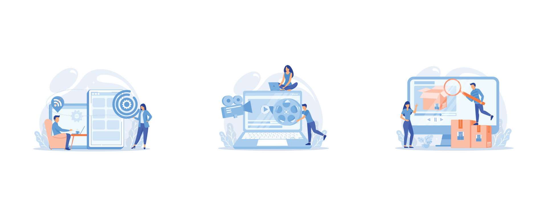 Developer working on web app on smartphone, user offline, tiny people ...