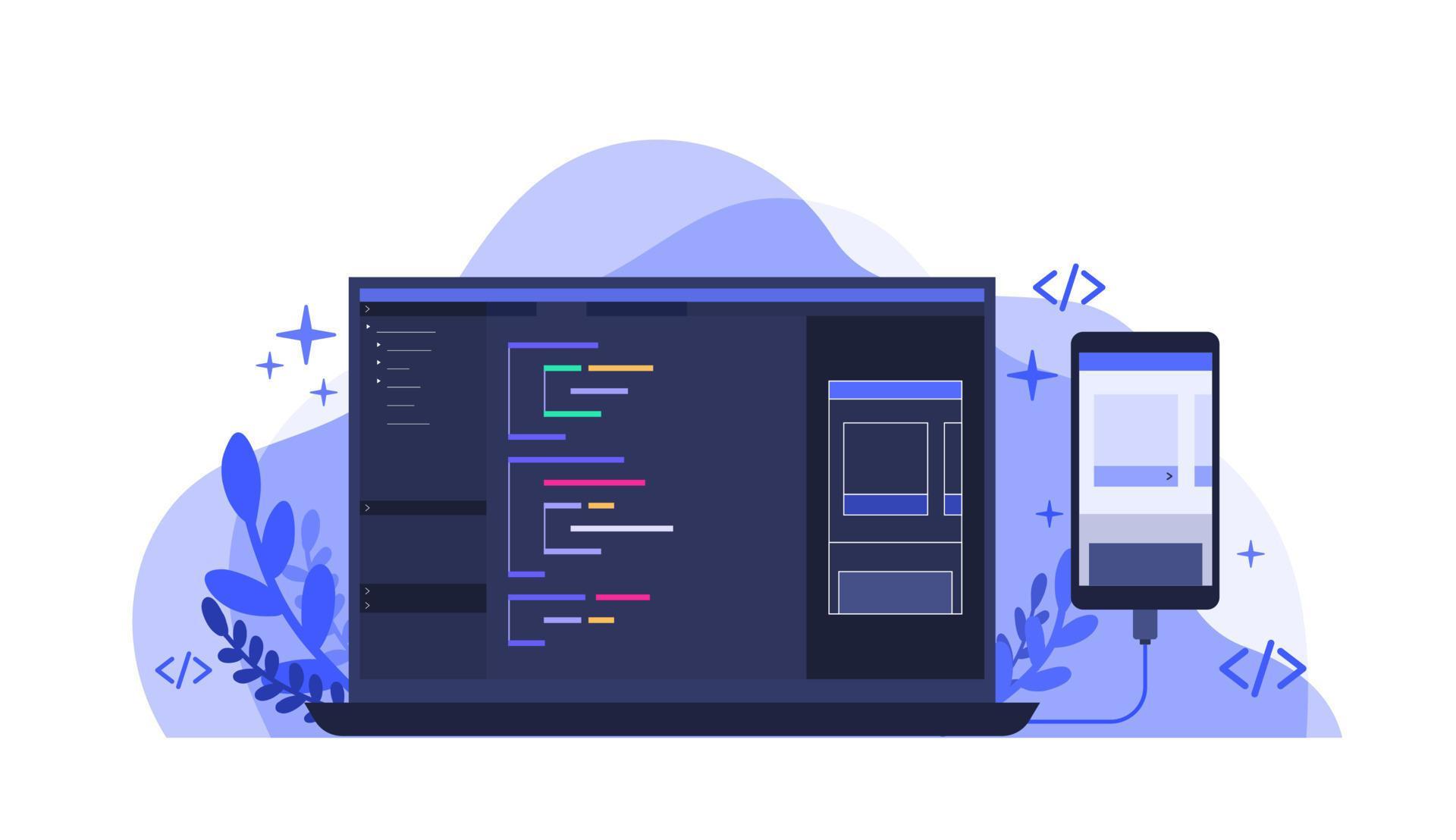 Mobile Development Programming in Laptop Monitor with Smartphone for Debugging Flat Vector ...