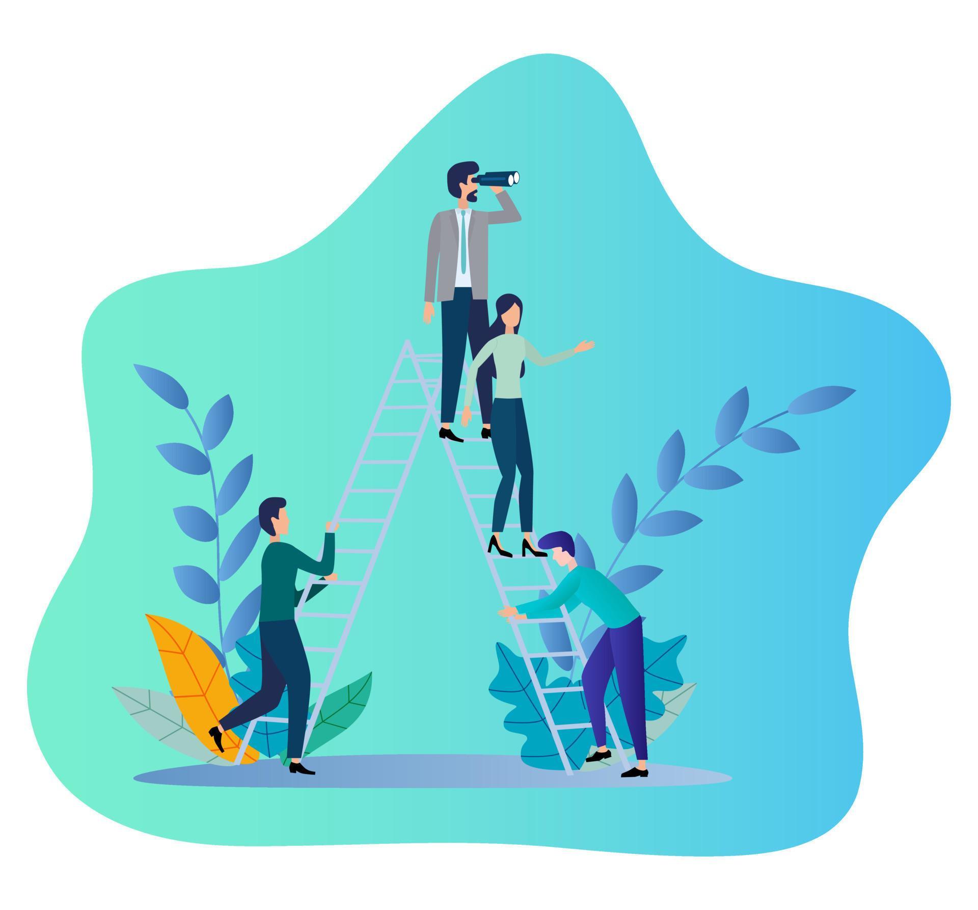 Flat vector illustration. The leader stands at the top with the support ...