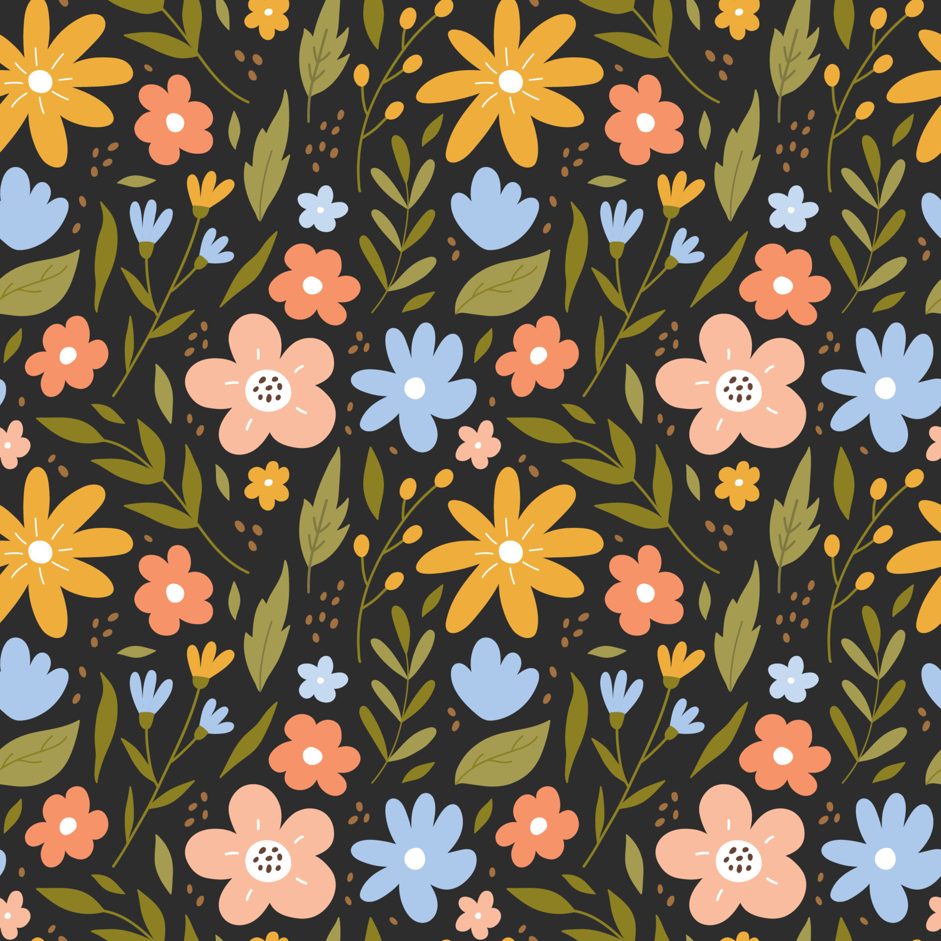 Botanical seamless pattern with meadow flowers and leaves on dark ...