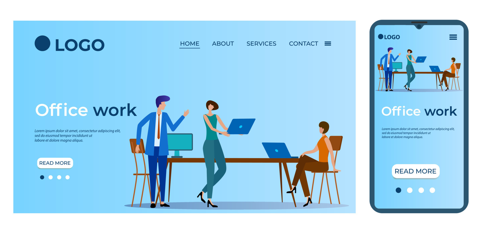 Office work.Template for the user interface of the site's home page ...