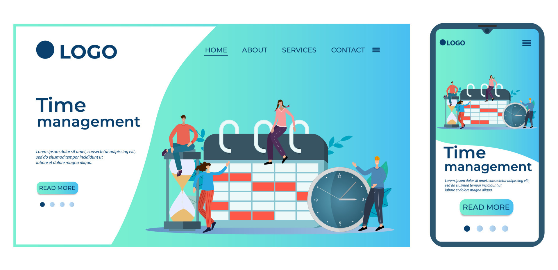 Time-management.People, hourglass and alarm clock.Template for the user interface of the site's ...