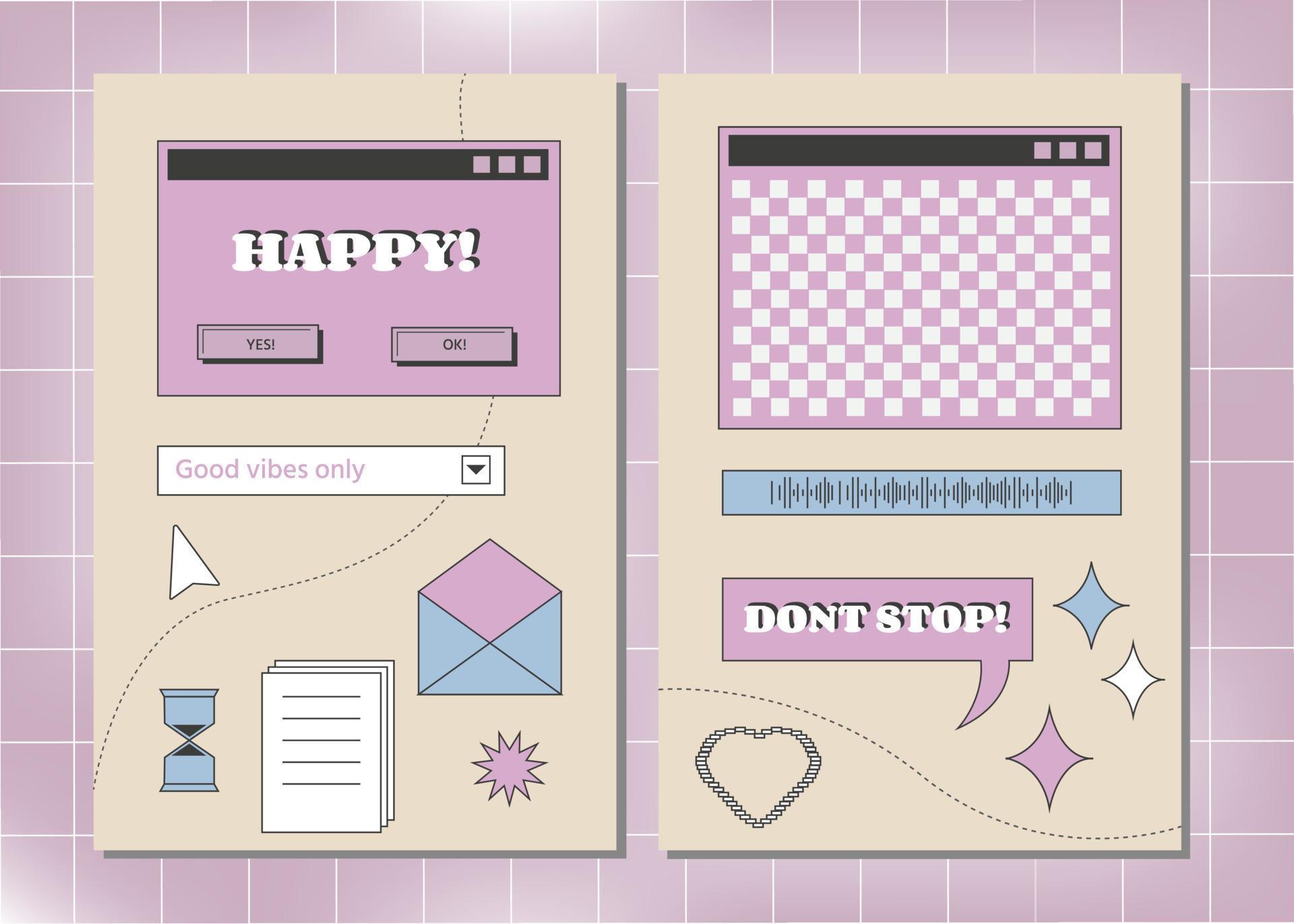 Retro browser computer window in 90s vaporwave style with smile face hipster stickers. Retrowave ...
