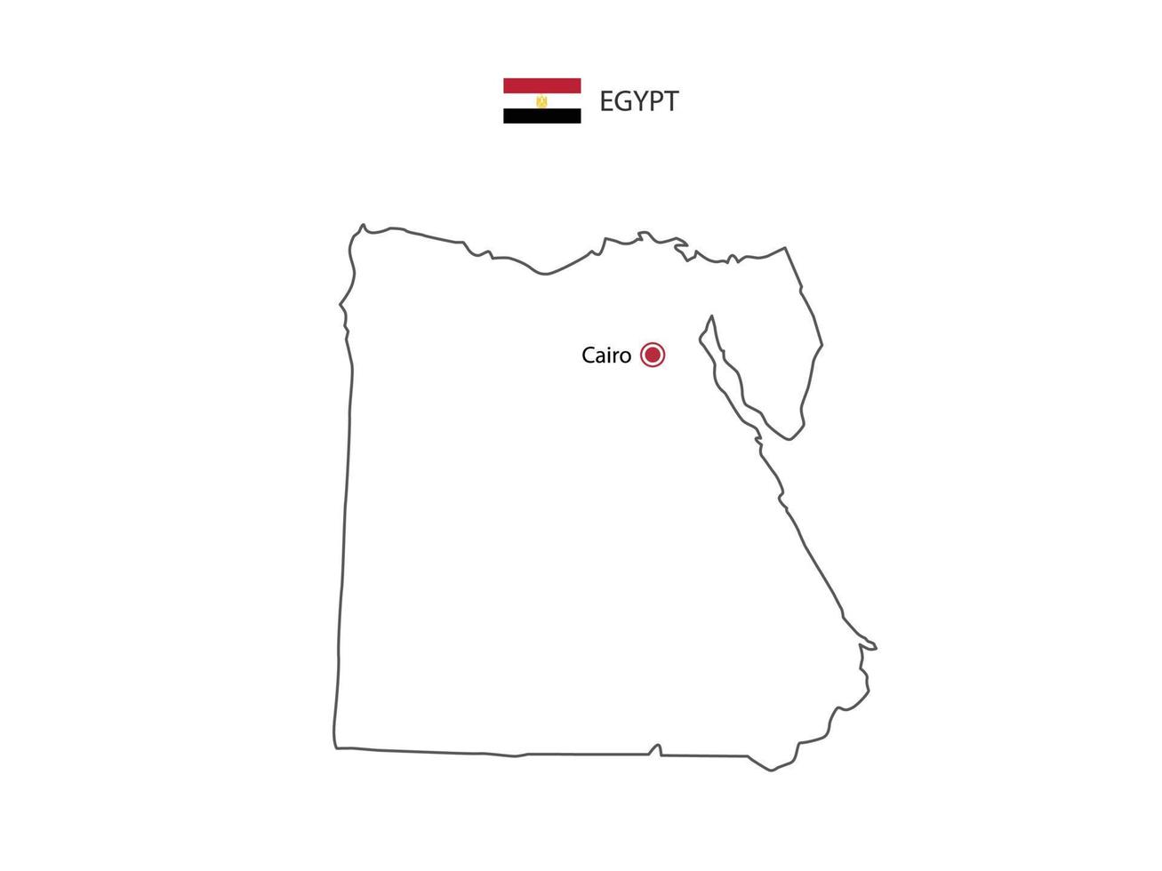 Hand Draw Thin Black Line Vector Of Egypt Map With Capital City Cairo On White Background