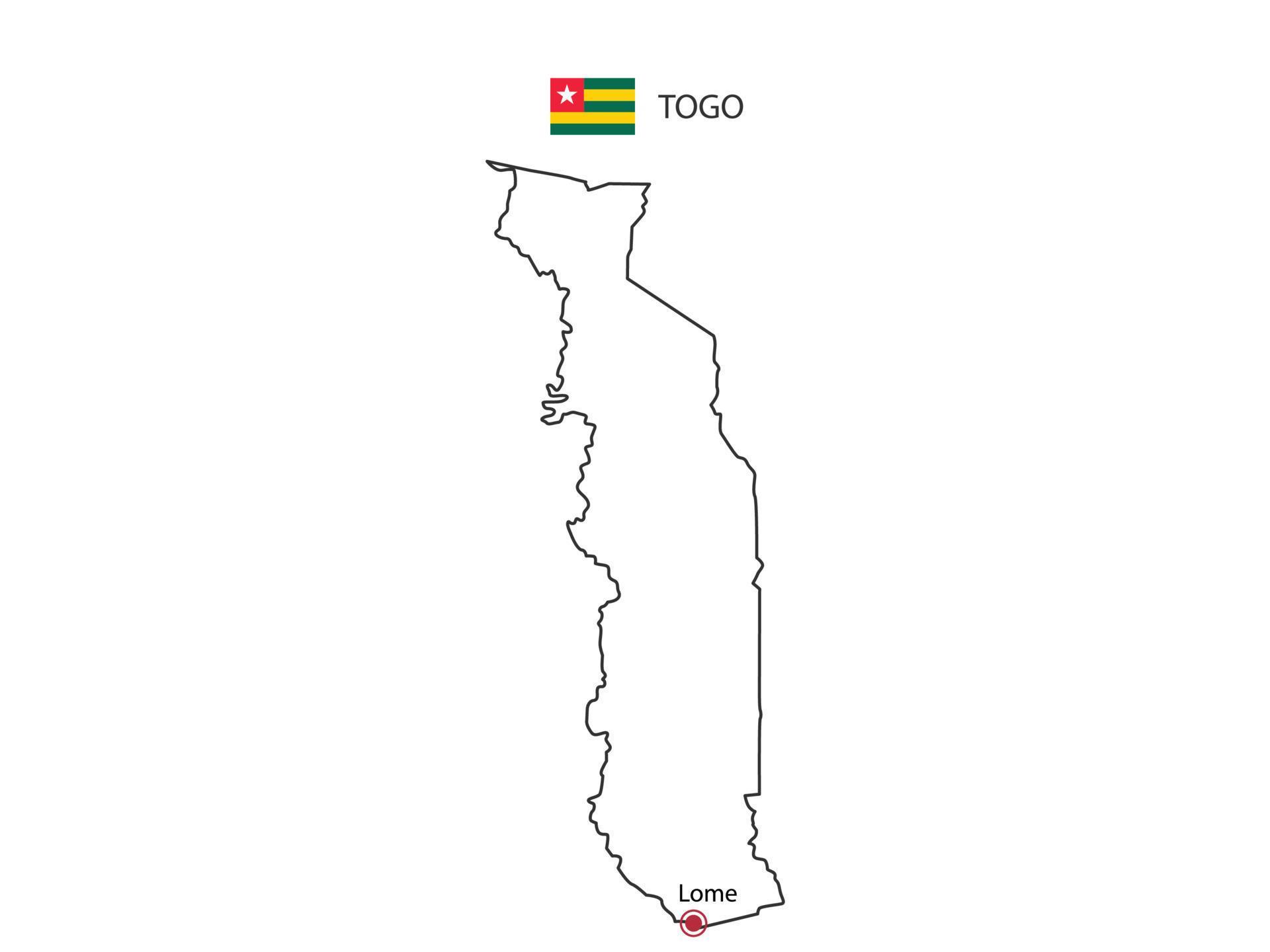 Hand draw thin black line vector of Togo Map with capital city Lome on white background ...