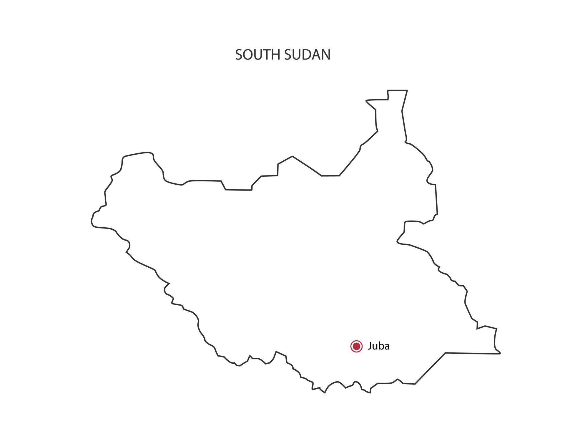 Hand draw thin black line vector of South Sudan Map with capital city Juba on white background ...