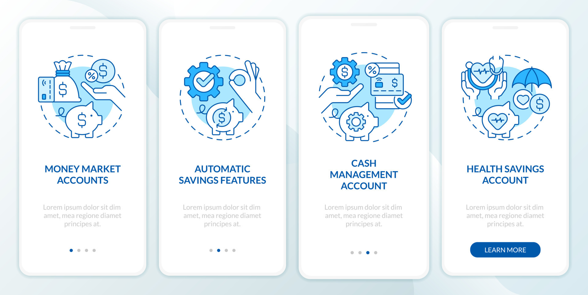 Saving Accounts Types Blue Onboarding Mobile App Screen Finance Walkthrough 4 Steps Editable