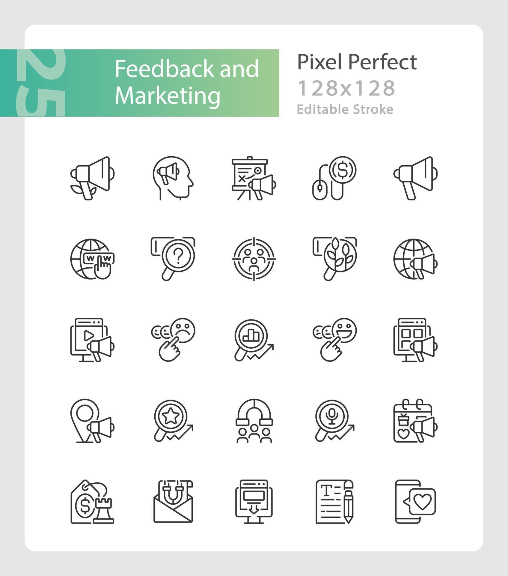Feedback and marketing pixel perfect linear icons set. Advertising ... Feedback and marketing pixel perfect linear icons set. Advertising ...