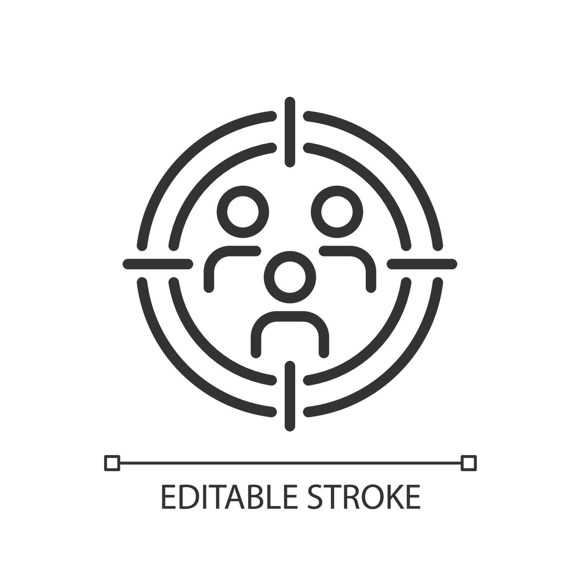 Target audience pixel perfect linear icon. Customer research. Consumer segmentation. Dividing ...