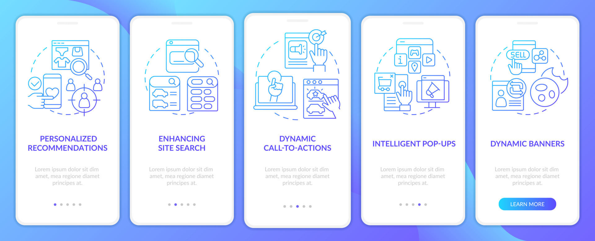 Examples of dynamic content blue gradient onboarding mobile app screen ...