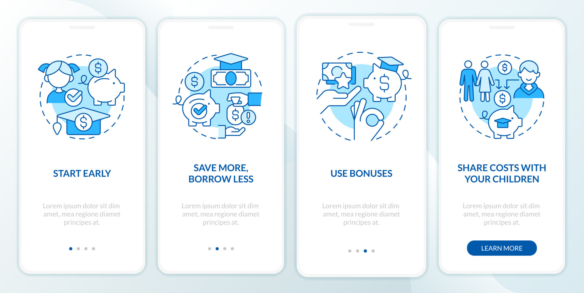 Tips For Saving For College Blue Onboarding Mobile App Screen Walkthrough 4 Steps Editable