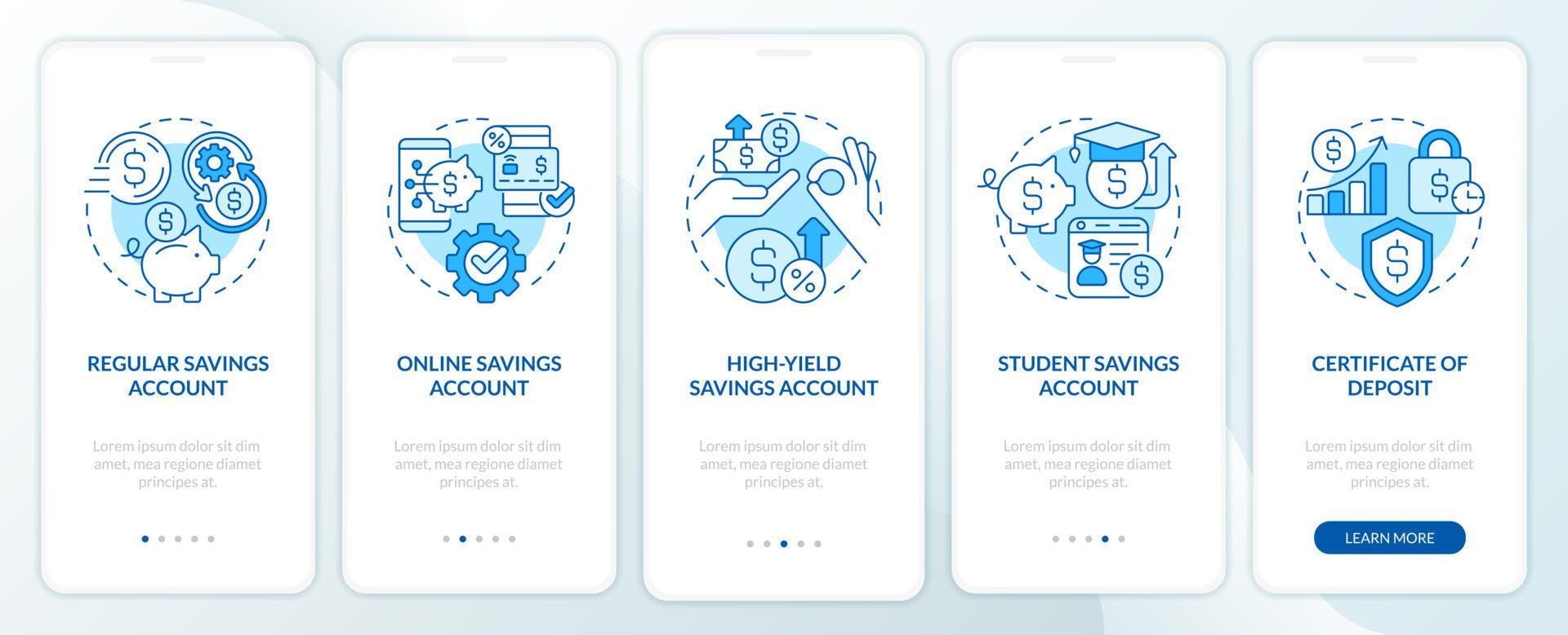 Types Of Saving Accounts Blue Onboarding Mobile App Screen Banking Walkthrough 5 Steps Editable