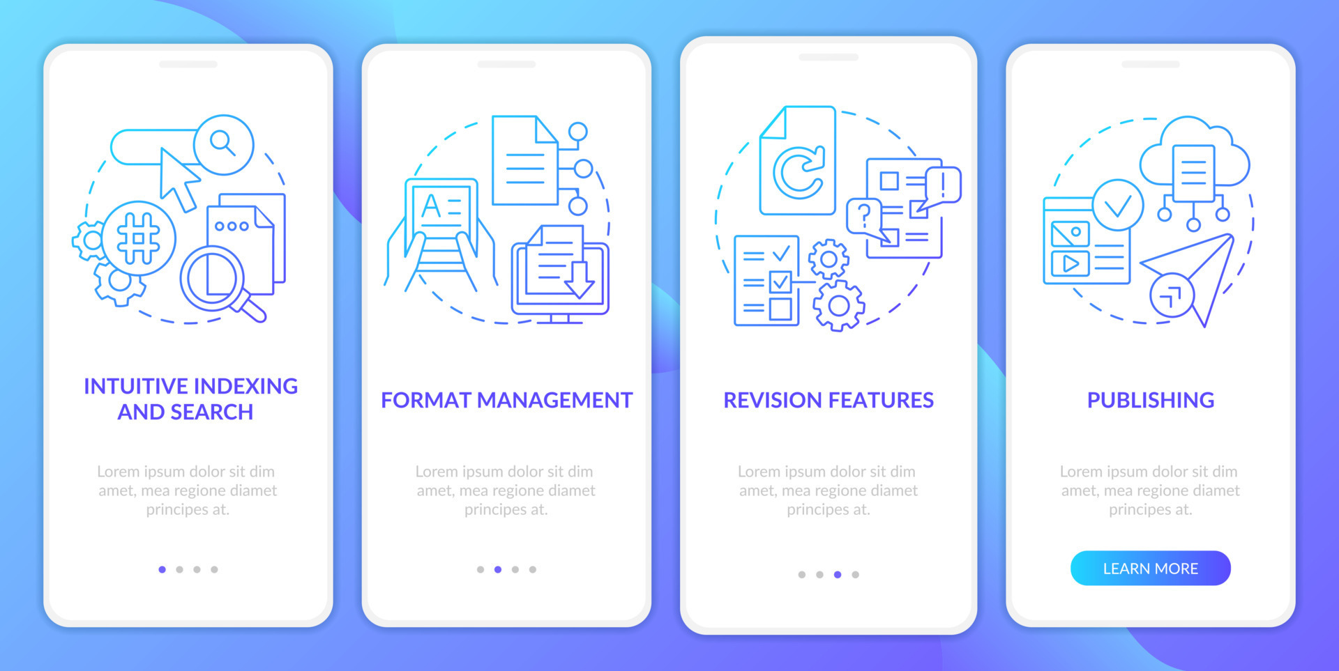 Key Cms Characteristics Blue Gradient Onboarding Mobile App Screen Walkthrough 4 Steps Graphic