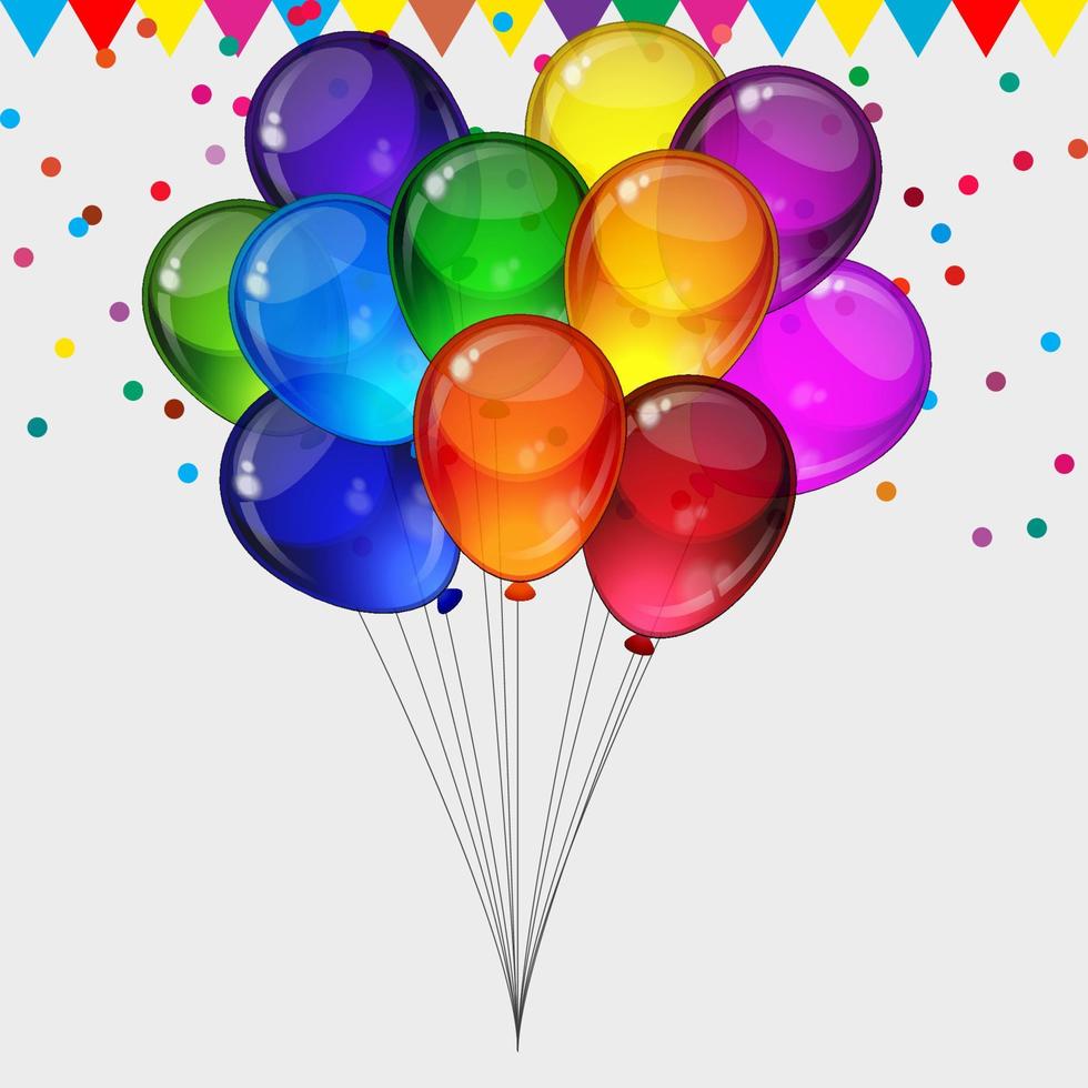Birthday party vector background - realistic transparency colorful festive balloons, confetti ...