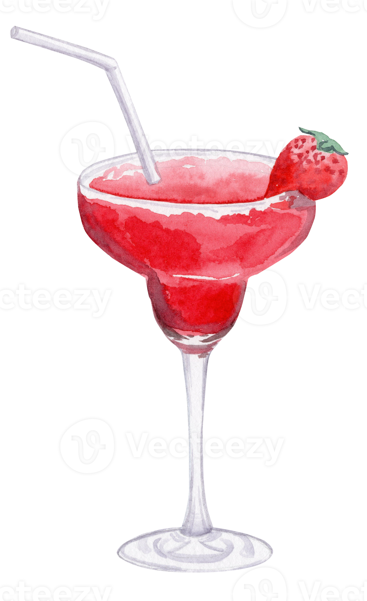 Watercolor Hand Drawn Red Strawberry Daiquiri Cocktail In Glass Isolated On White Background