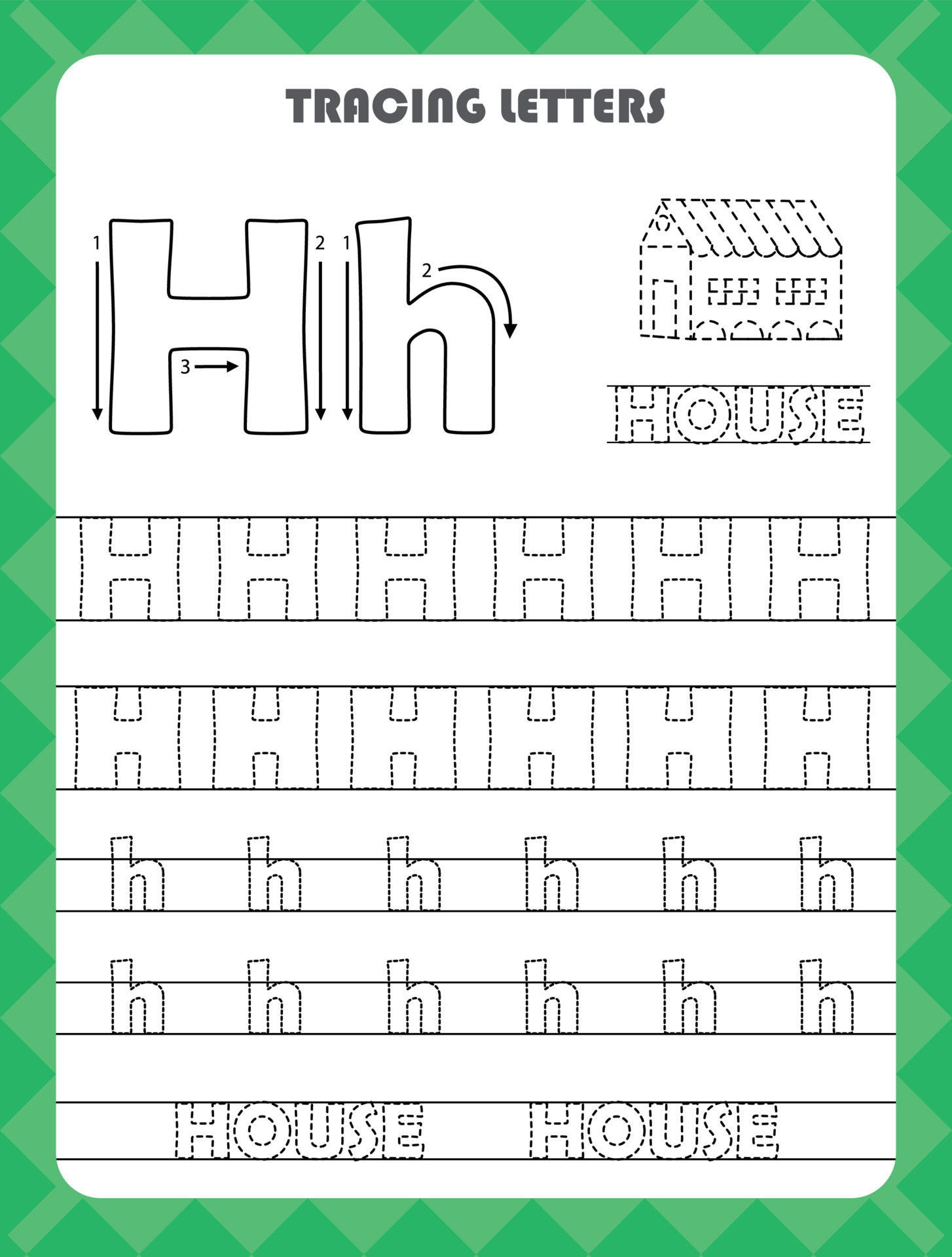 Trace letters of English alphabet and fill colors Uppercase and lowercase H. Handwriting ...