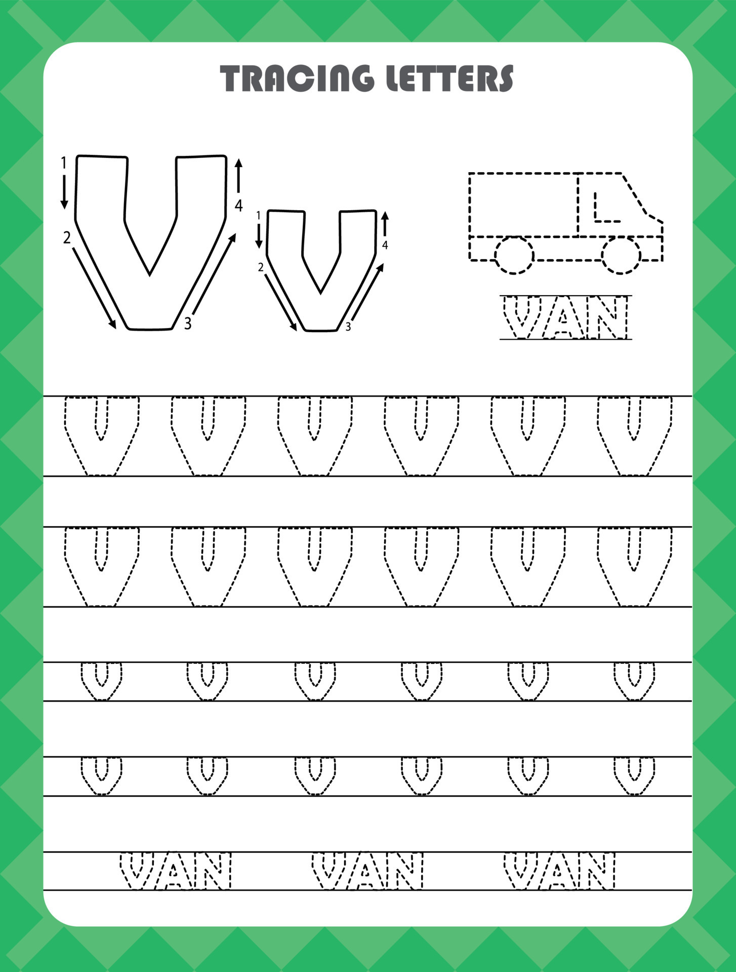 Trace letters of English alphabet and fill colors Uppercase and lowercase V. Handwriting ...