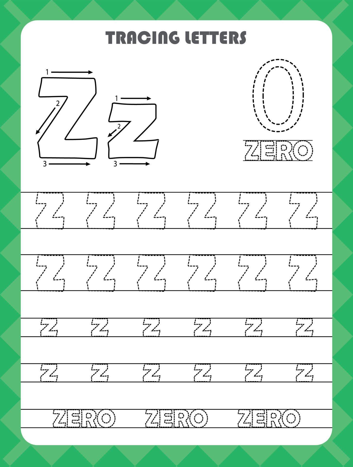 Trace letters of English alphabet and fill colors Uppercase and lowercase Z. Handwriting ...