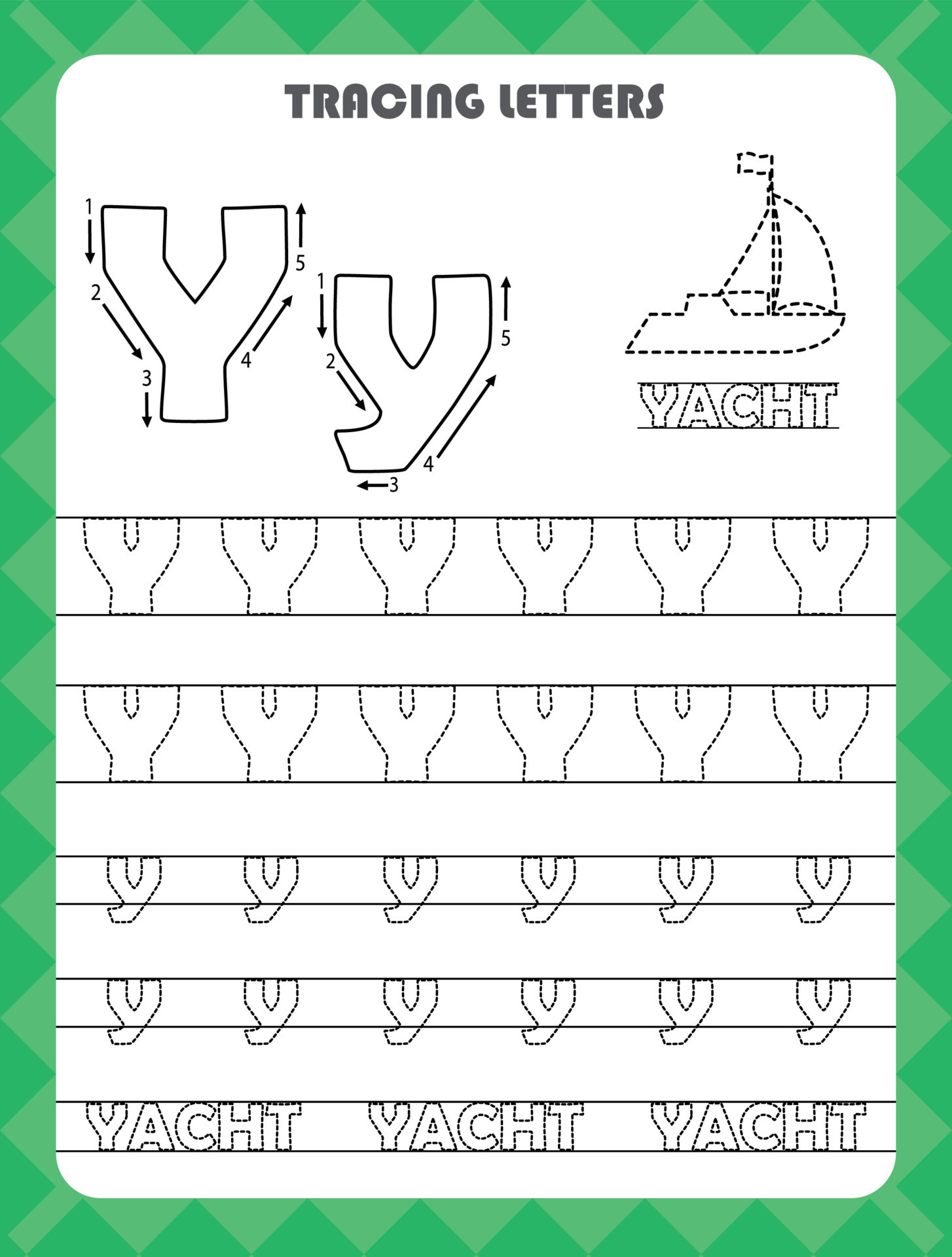 Trace letters of English alphabet and fill colors Uppercase and lowercase Y. Handwriting ...