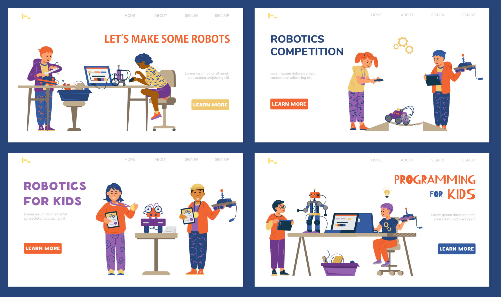 Robotics for kids vector landing page template set. Boys and girls programming and engineering ...