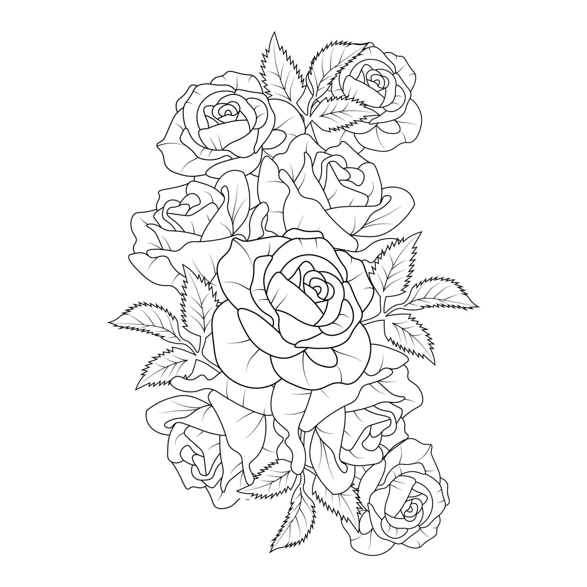 Rose Illustration Of Pencil Line Art With Doodle Style Adult Coloring Book Page With Leaves Easy