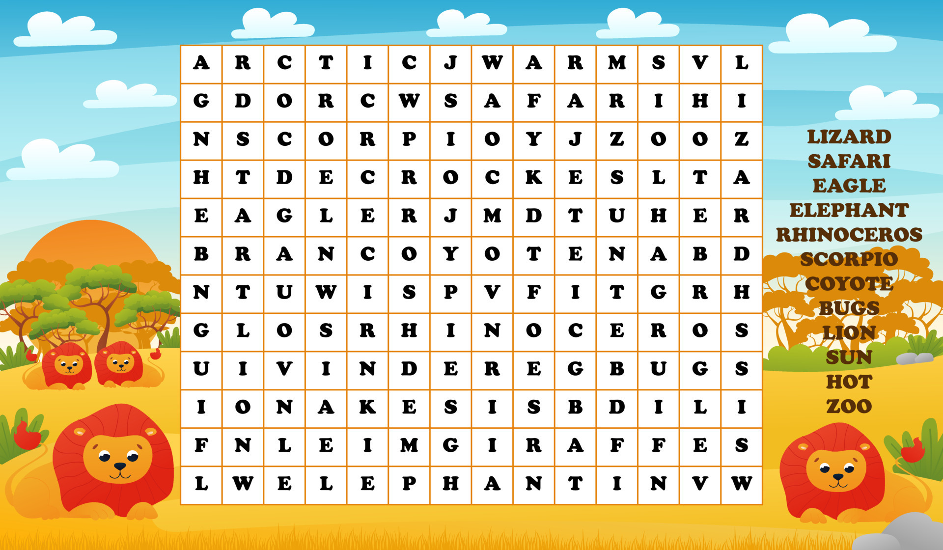 Words search puzzle for kids with african safari animals - lions ...