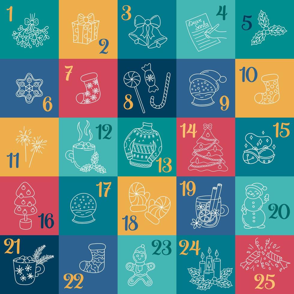 Advent calendar. Funny Christmas doodles. Xmas numbers from 1 to 25. Vector illustration of ...